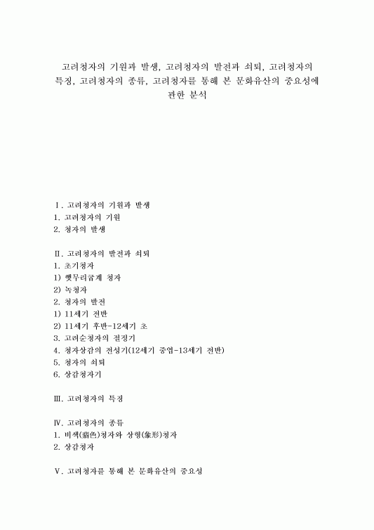 [고려청자][청자][고려자기][도자기][상감청자][문화유산][고려]고려청자의 기원, 고려청자의 발생, 고려청자의 발전, 고려청자의 쇠퇴, 고려청자의 특징, 고려청자의 종류, 고려청자를 통해 본 문화유산의 중요성