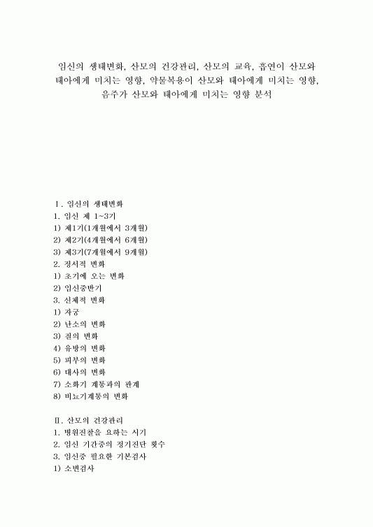 [임신][산모][흡연][태아][약물][음주]임신의 생태변화, 산모의 건강관리, 산모의 교육, 흡연이 산모와 태아에게 미치는 영향, 약물복용이 산모와 태아에게 미치는 영향, 음주가 산모와 태아에게 미치는 영향 분석