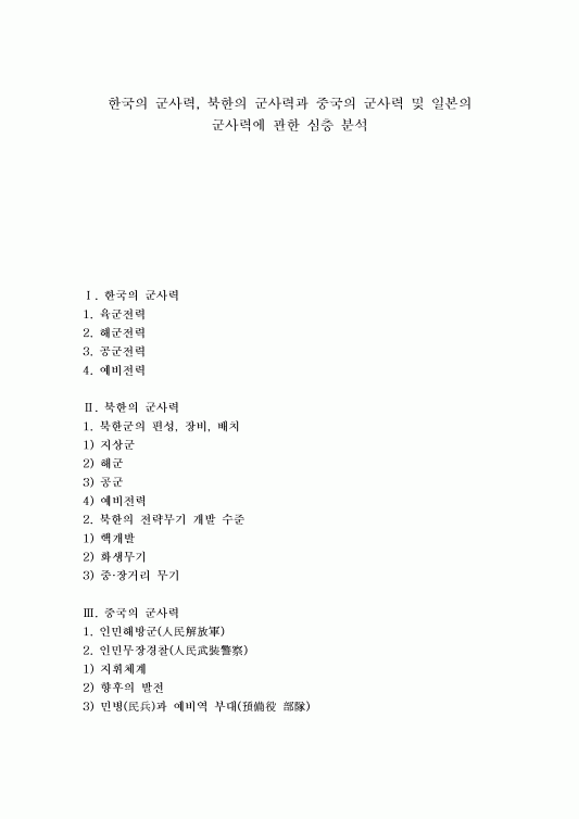 [군사력][한국의 군사력][북한의 군사력][중국의 군사력][일본의 군사력][한국][북한][중국][일본]한국의 군사력, 북한의 군사력과 중국의 군사력 및 일본의 군사력 분석(군사력, 한국, 북한, 중국, 일본, 군대)