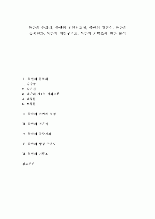 [북한][북한문화재][북한친인척호칭][북한결혼식][북한행정구역][북한기쁨조]북한의 문화재, 북한의 친인척호칭, 북한의 결혼식, 북한의 공중전화, 북한의 행정구역도, 북한의 기쁨조에 관한 분석(북한)