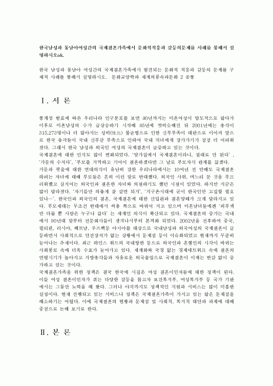 한국남성과 동남아여성간의 국제결혼가족에서 문화적적응과 갈등의문제를 사례를 통해서 설명ok.
