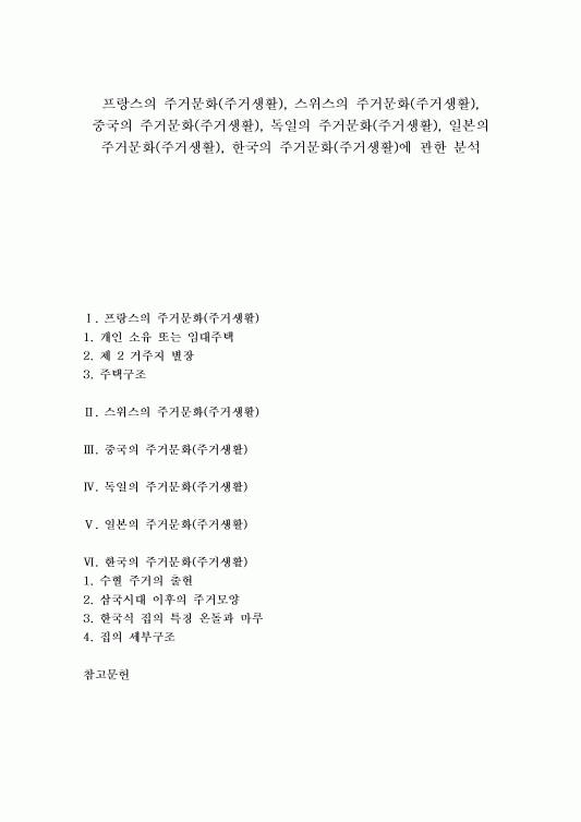 [주거문화][주거생활][프랑스][스위스][중국][독일][일본][한국]프랑스와 스위스의 주거문화(주거생활), 중국의 주거문화(주거생활), 독일의 주거문화(주거생활), 일본과 한국의 주거문화(주거생활)에 관한 분석