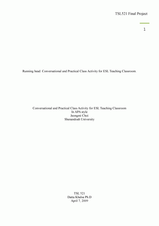 Conversational and Practical Class Activity for ESL Teaching Classroom
