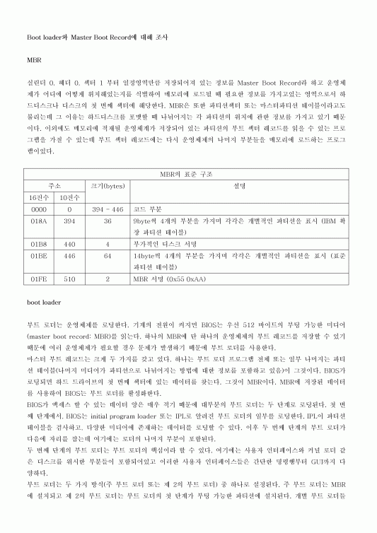 Boot loader 와 Master Boot Record에 대해 조사