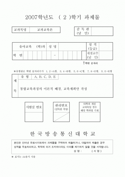 교과교육론- 통합교육과정의 이론적 배경과 주간교육계획안