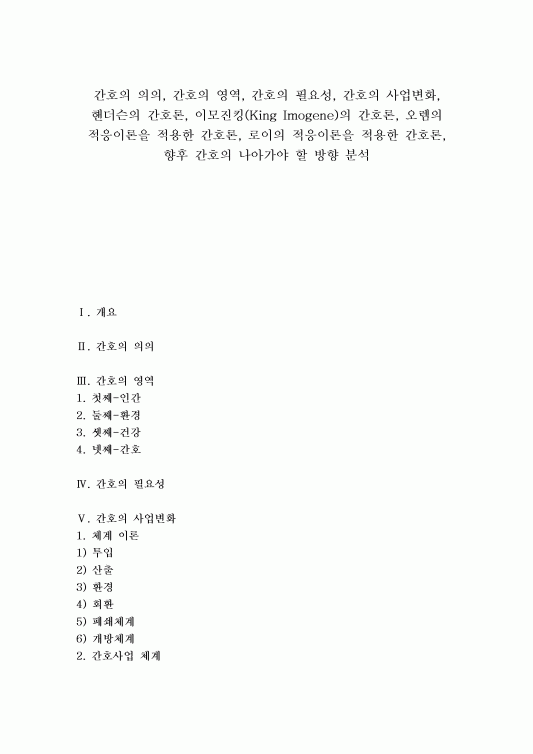 간호의 의의, 간호의 영역, 간호의 필요성, 간호의 사업변화, 핸더슨의 간호론, 이모진킹(King Imogene)의 간호론, 오렘의 적응이론을 적용한 간호론, 로이의 적응이론을 적용한 간호론, 향후 간호의 방향 분석