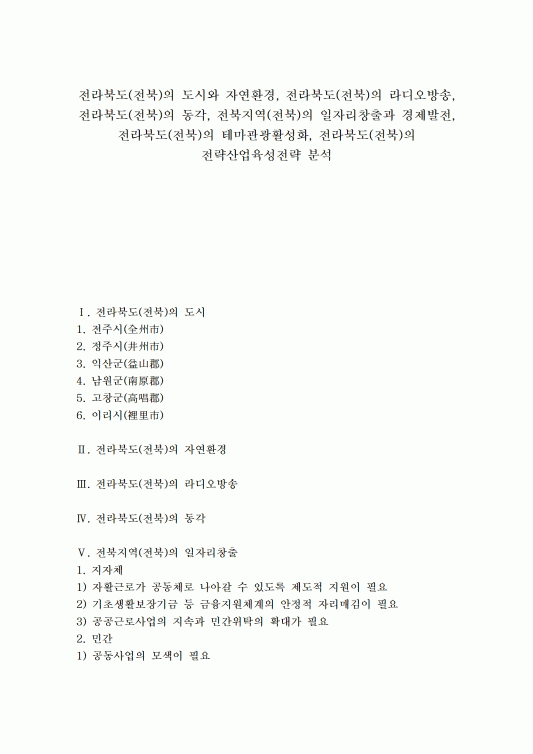 전라북도(전북)의 도시와 자연환경, 전라북도(전북)의 라디오방송, 전라북도(전북)의 동각, 전북지역(전북)의 일자리창출과 경제발전, 전라북도(전북)의 테마관광활성화, 전라북도(전북)의 전략산업육성전략 분석