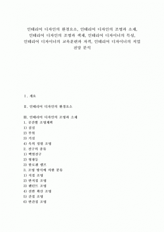 [인테리어]인테리어 디자인의 환경요소, 인테리어 디자인의 조명과 소재, 인테리어 디자인의 조명과 색채, 인테리어 디자이너의 특성, 인테리어 디자이너의 교육훈련과 자격, 인테리어 디자이너의 직업 전망 분석