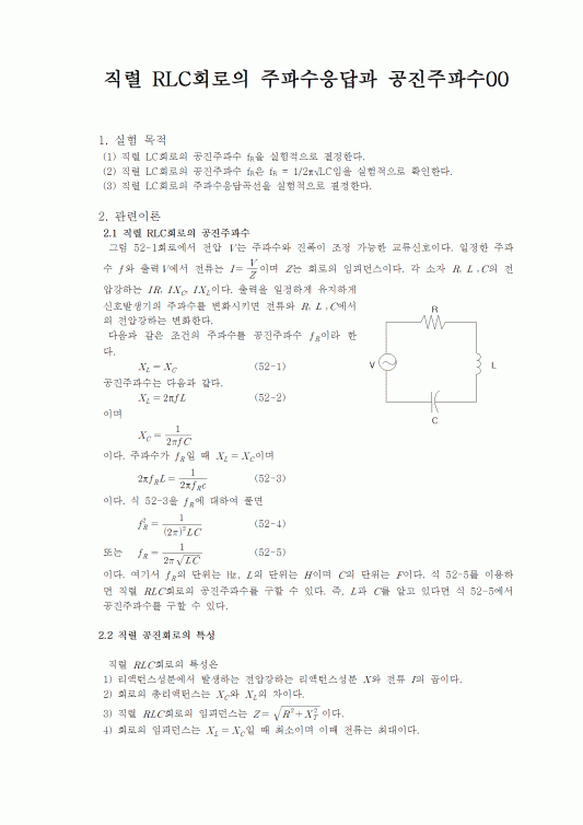 직렬 RLC회로의 주파수응답과 공진주파수00