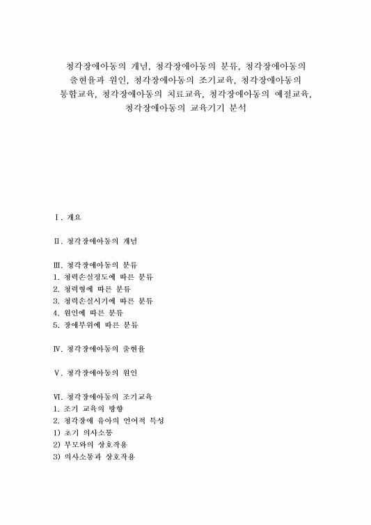 청각장애아동의 개념, 청각장애아동의 분류, 청각장애아동의 출현율과 원인, 청각장애아동의 조기교육, 청각장애아동의 통합교육, 청각장애아동의 치료교육, 청각장애아동의 예절교육, 청각장애아동의 교육기기 분석