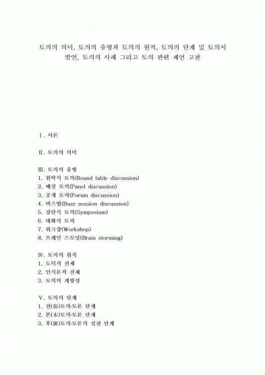[토의의 의미][토의의 유형][토의의 원칙][토의의 단계][토의시 발언][토의의 사례][토의 관련 제언]토의의 의미, 토의의 유형과 토의의 원칙, 토의의 단계 및 토의시 발언, 토의의 사례 그리고 토의 관련 제언 고찰
