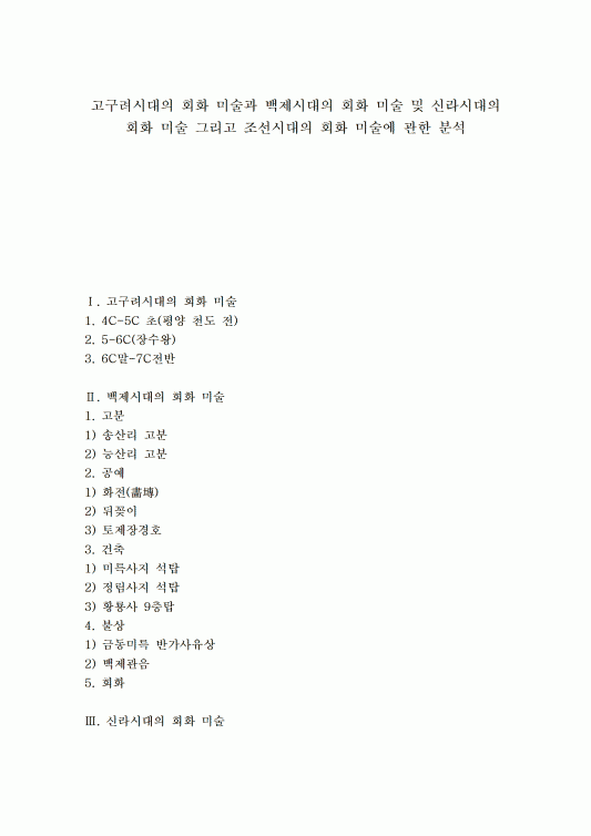 [고구려시대 회화미술][백제시대 회화미술][신라시대 회화미술][조선시대 회화미술][회화미술]고구려시대의 회화 미술과 백제시대의 회화 미술 및 신라시대의 회화 미술 그리고 조선시대의 회화 미술에 관한 분석