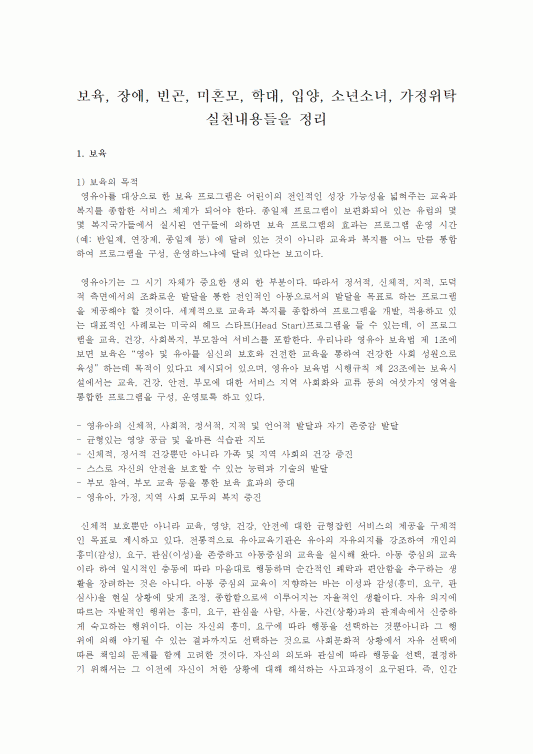 보육, 장애, 빈곤, 미혼모, 학대, 입양, 소년소녀, 가정위탁 실천내용들을 정리