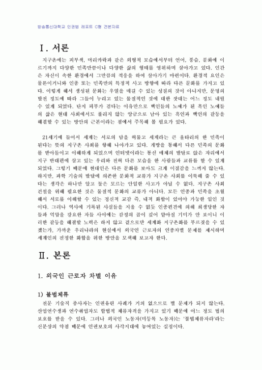 2007년 1학기 인권법 중간시험과제물 C형(국내 외국인 근로자 문제에 관하여)