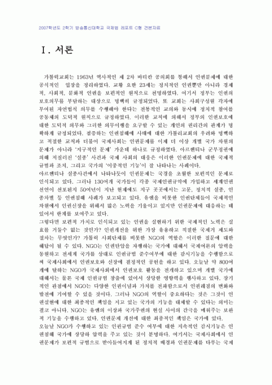 2007년 2학기 국제법 중간시험과제물 C형(인권의 국제적보호체제)