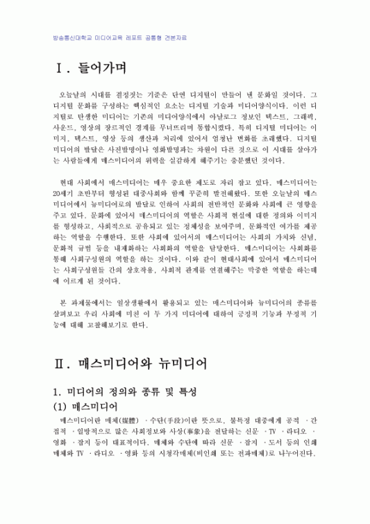 2008년 1학기 미디어교육 중간시험과제물 공통(매스미디어와 뉴미디어)