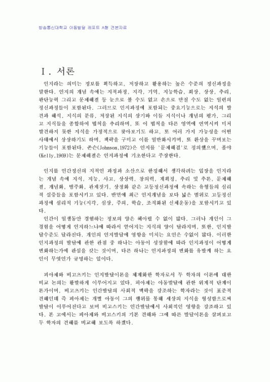 2008년 1학기 아동발달 중간시험과제물 A형(피아제와 비고츠키이론비교)