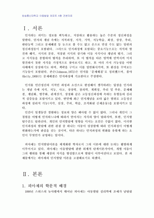 2009년 1학기 아동발달 중간시험과제물 가정관리학A형(피아제의 인지발달이론에 대하여)