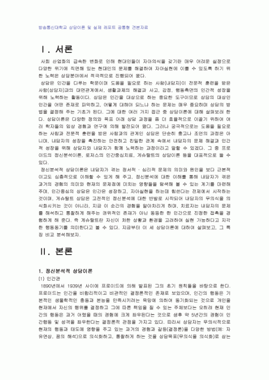2009년 1학기 상담이론및실제 중간시험과제물 공통(상담이론 비교, 설명)