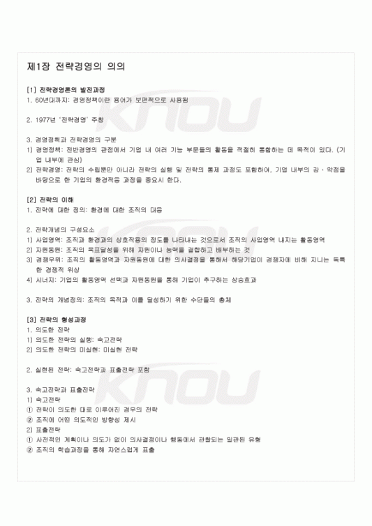2009년 2학기 경영전략론 출석대체시험 핵심체크