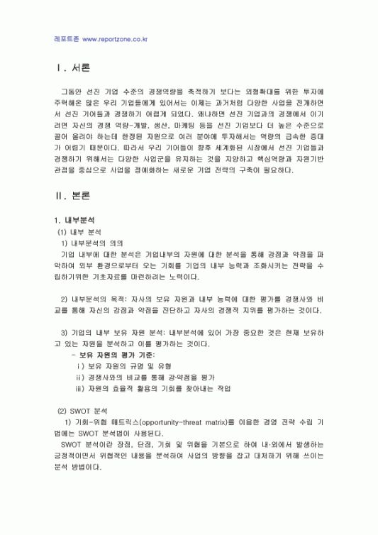 2009년 2학기 경영전략론 중간시험과제물 B형(내부분석)