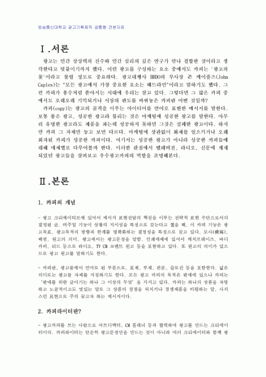 2010년 1학기 광고기획제작 중간시험과제물 공통3(광고카피의 효과적인 제작방법)
