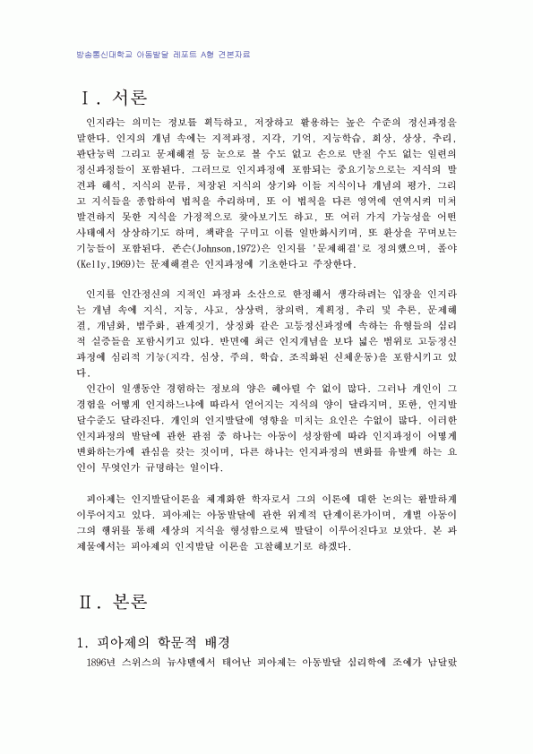2010년 1학기 아동발달 중간시험과제물 A형(피아제의 인지발달 이론에 대하여 논하시오)