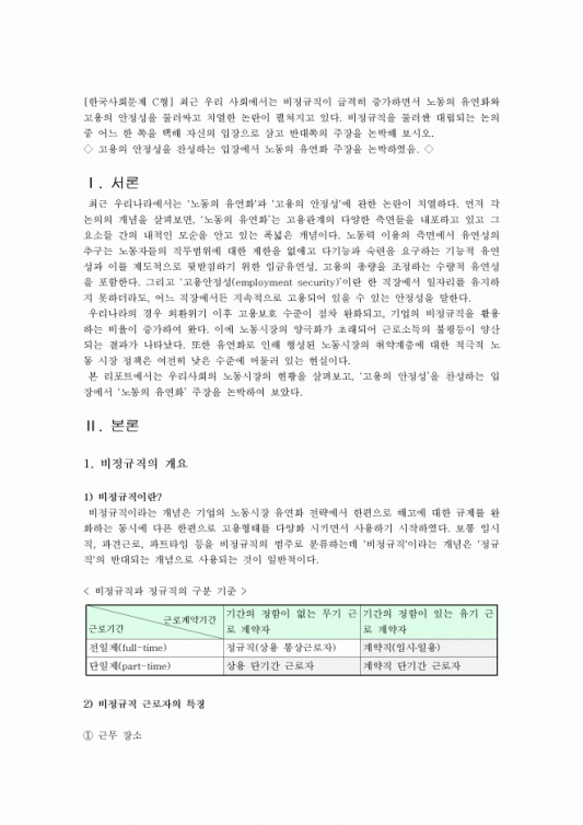 [한국사회문제C형] 비정규직 증가에 따른 고용의 안정성을 찬성입장에서 노동의 유연화 주장을 논박(비정규직논의)