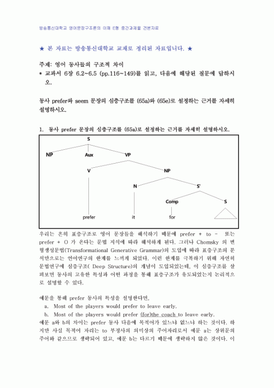 2010년 1학기 영어문장구조론 중간시험과제물 E형(prefer와 seem 문장)