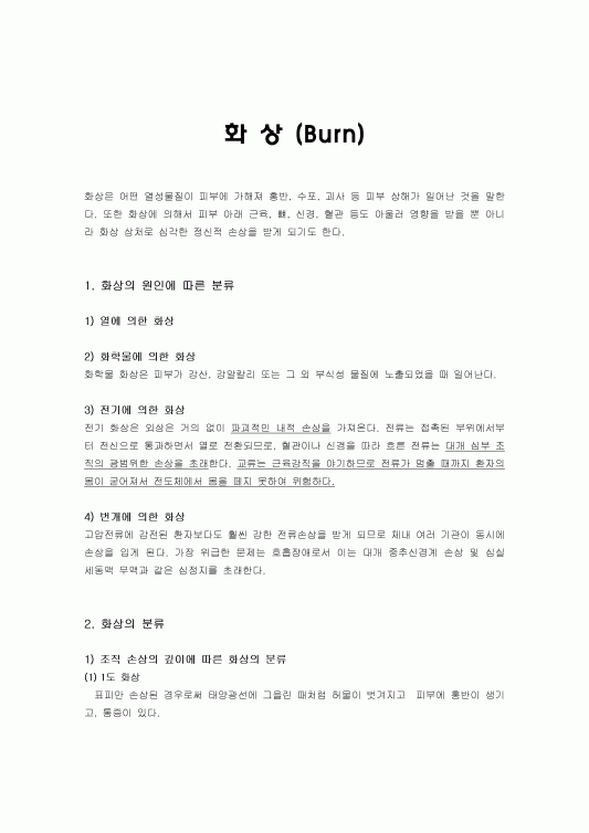 화상의 종류, 병태생리, 응급처치, 약물치료 및 처방예와 해외 연구 보고서