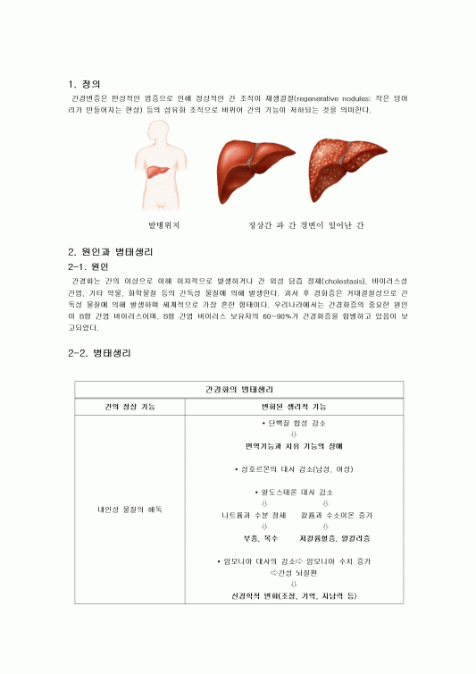간경변문헌고찰 - 원인과 병태생리, 증상과 징후, 진단검사, 치료, 간호중재, 합병증