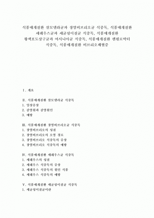 식품매개질환 살모넬라균과 장염비브리오균 식중독, 식품매개질환 세레우스균과 세균성이질균 식중독, 식품매개질환 황색포도상구균과 여시니아균 식중독, 식품매개질환 캠필로박터 식중독과 비브리오패혈증