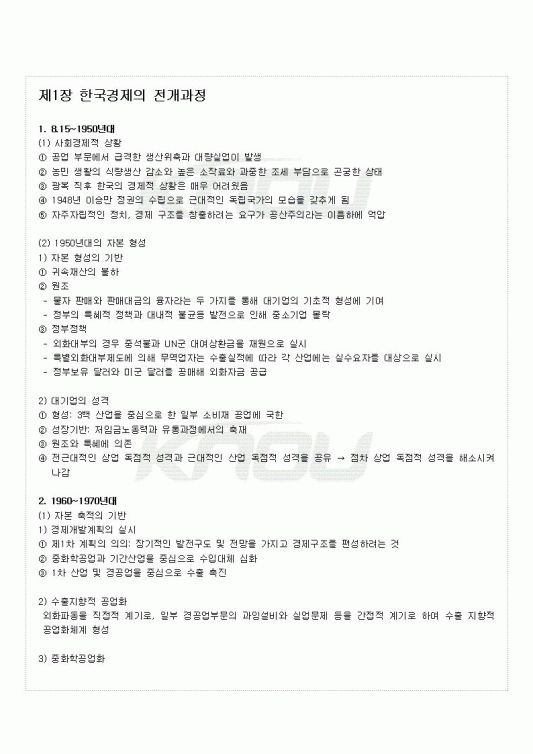 2010년 2학기 한국경제의이해 출석대체시험 핵심체크