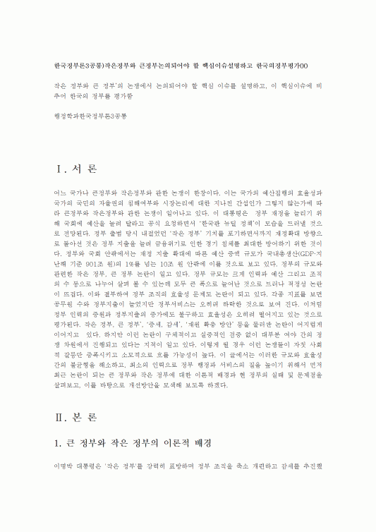 한국정부론3공통)작은정부와 큰정부논의되어야 할 핵심이슈설명하고 한국의정부평가00