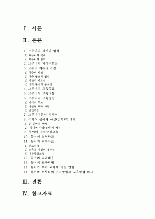 [교육과정및평가]브루너의 지식의 구조론과 듀이의 경험중심교육을 교육목표, 교육내용, 교육방법의 측면에서 비교설명(브루너지식구조론, 듀이경험중심교육)