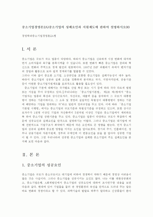 중소기업경영론2A)중소기업의 성패요인과 지원제도에 관하여 설명00