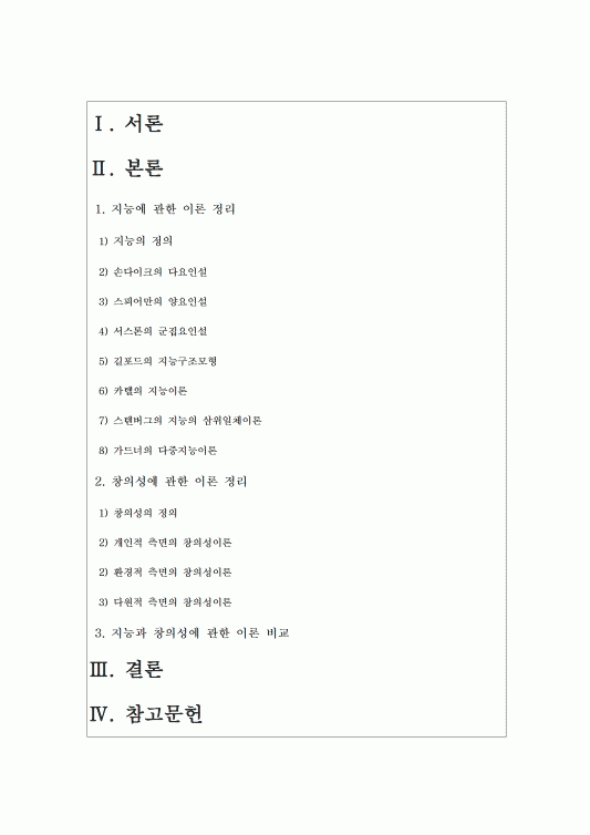 [지능창의성이론]지능과 창의성에 관한 이론들을 비교논하시오-지능이론, 창의성이론-