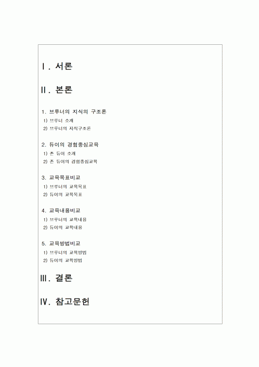 (브루너지식구조론, 듀이경험중심교육)브루너의 지식의 구조론과 듀이의 경험중심교육을 교육목표교육내용교육방법의 측면에서 비교설명