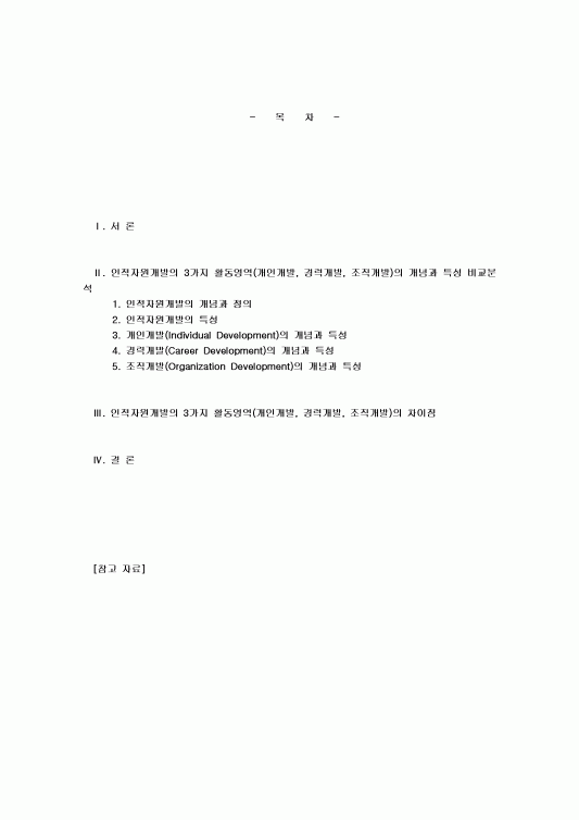 [인적자원개발론]인적자원개발의 3가지 활동영역(개인개발, 경력개발, 조직개발)의 개념과 특성을 비교분석하고, 차이점에 대해 논하시오