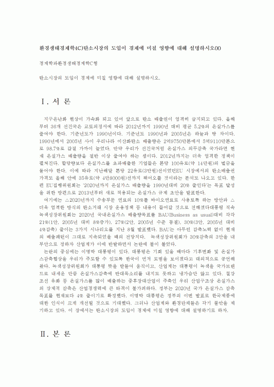 환경생태경제학4C)탄소시장의 도입이 경제에 미칠 영향에 대해 설명00