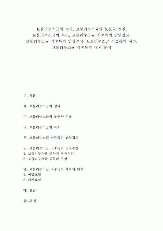 보툴리누스균의 정의, 보툴리누스균의 분포와 성질, 보툴리누스균의 독소, 보툴리누스균 식중독의 감염경로, 보툴리누스균 식중독의 임상증상, 보툴리누스균 식중독의 예방, 보툴리누스균 식중독의 대처 분석