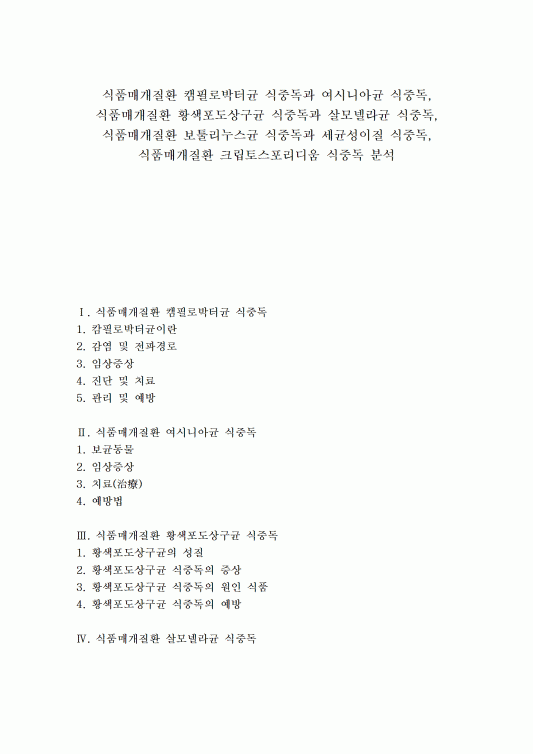 식품매개질환 캠필로박터균 식중독과 여시니아균 식중독, 식품매개질환 황색포도상구균 식중독과 살모넬라균 식중독, 식품매개질환 보툴리누스균 식중독과 세균성이질 식중독, 식품매개질환 크립토스포리디움 식중독