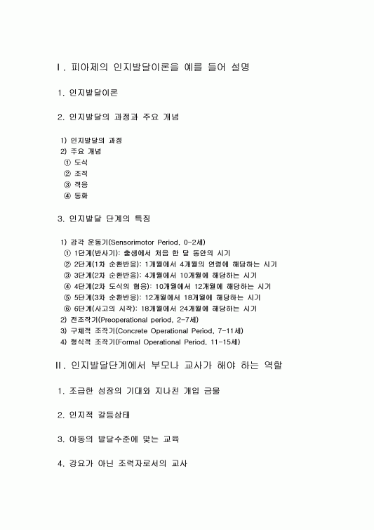 [아동발달] 피아제 인지발달이론을 예를 들어 설명하고 인지발달단계에서 부모나 교사가 해야 하는 역할-인지발달단계부모교사역할-