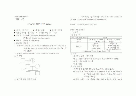 성인 간호학 CASE ( 신경외과 케이스 )-T-SDH(Traumatic Subdural Hematoma) 대상자 CASE
