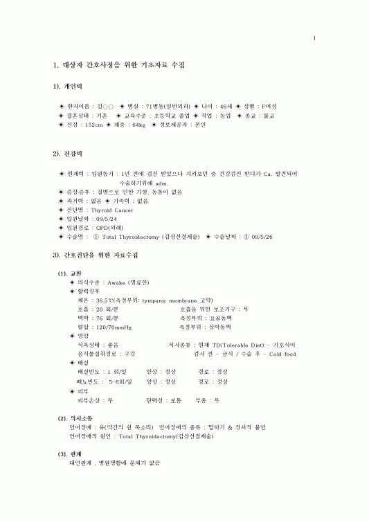 성인간호학 실습 - Thyroid Cancer에대한 Case study