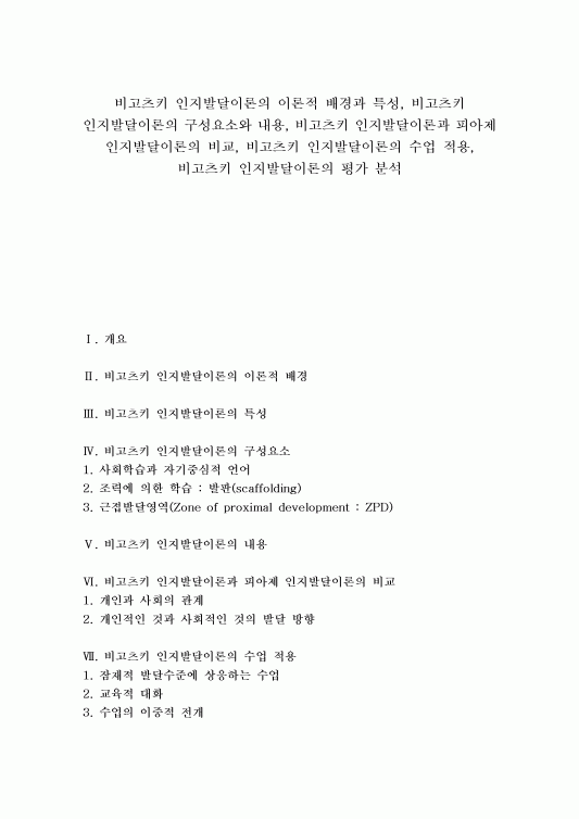 비고츠키 인지발달이론의 이론적 배경과 특성, 비고츠키 인지발달이론의 구성요소와 내용, 비고츠키 인지발달이론과 피아제 인지발달이론의 비교, 비고츠키 인지발달이론의 수업 적용, 비고츠키 인지발달이론의 평가