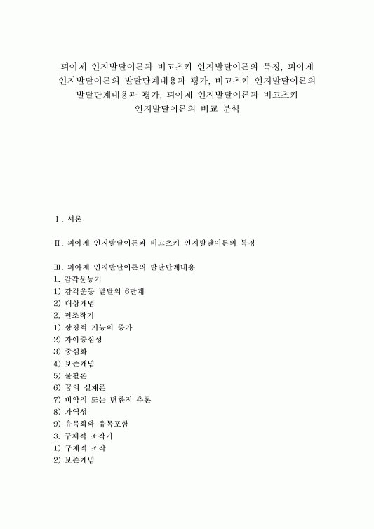 피아제 인지발달이론과 비고츠키 인지발달이론의 특징, 피아제 인지발달이론의 발달단계내용과 평가, 비고츠키 인지발달이론의 발달단계내용과 평가, 피아제 인지발달이론과 비고츠키 인지발달이론의 비교 분석