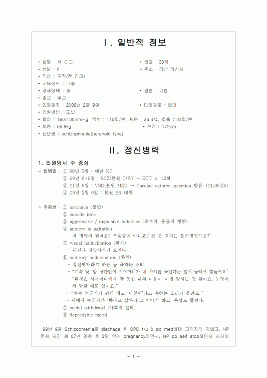 정신분열증(schizophrenia) 케이스(실습점수 자료)