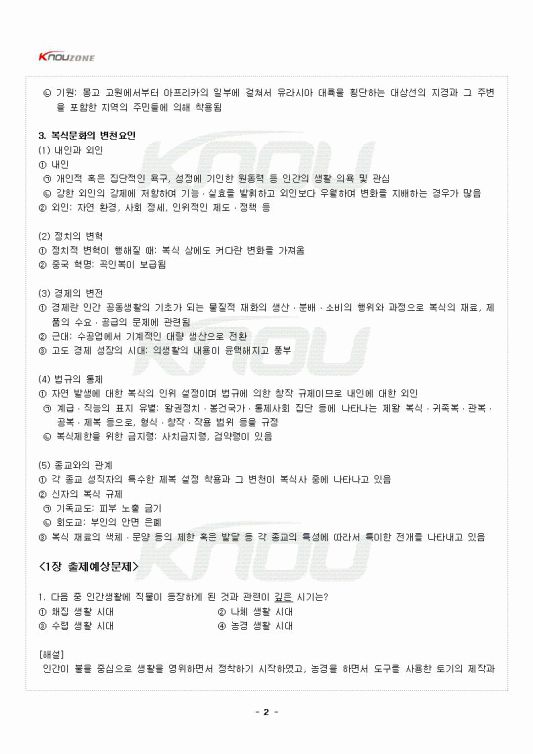 2010년 동계계절시험 패션과 문화 시험범위 핵심체크