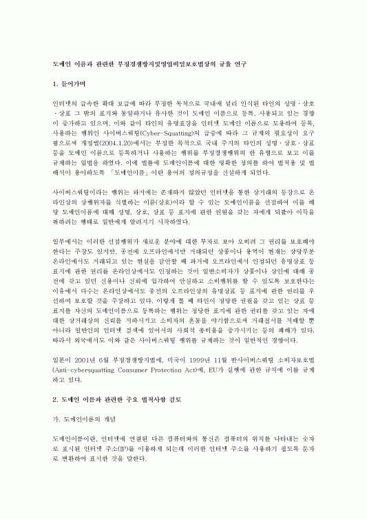 도메인 이름과 관련한 부정경쟁방지및영업비밀보호법상의 규율 연구